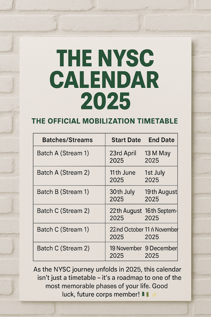 The NYSC Calendar 2025 – The Official Mobilisation Timetable